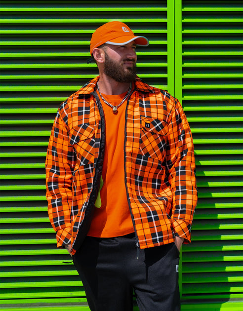 Forcefield Hi Vis Orange Tartan Plaid Quilted Flannel Shirt Jacket wit ...