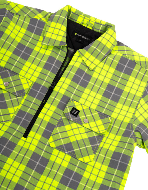 Hi Vis Plaid Quilted Flannel Shirt Jacket with 1/2 Zip Front Closure ...